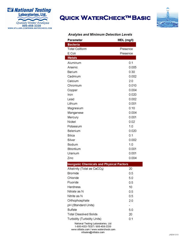 Quick WaterCheck(TM) Basic (Bacteria, Metals, Inorganics, Uranium, and ...